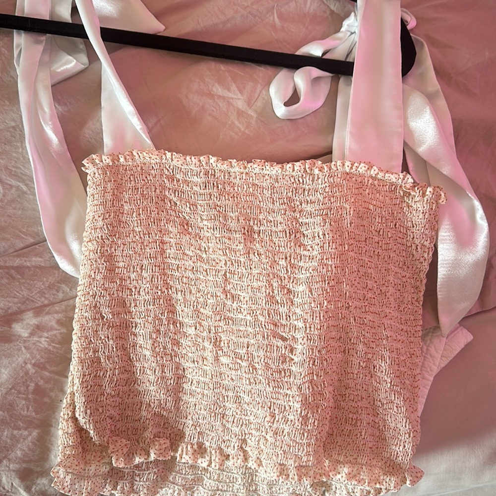 Light Pink Polka Dot Tube Top With White Ribbons From… - Gem